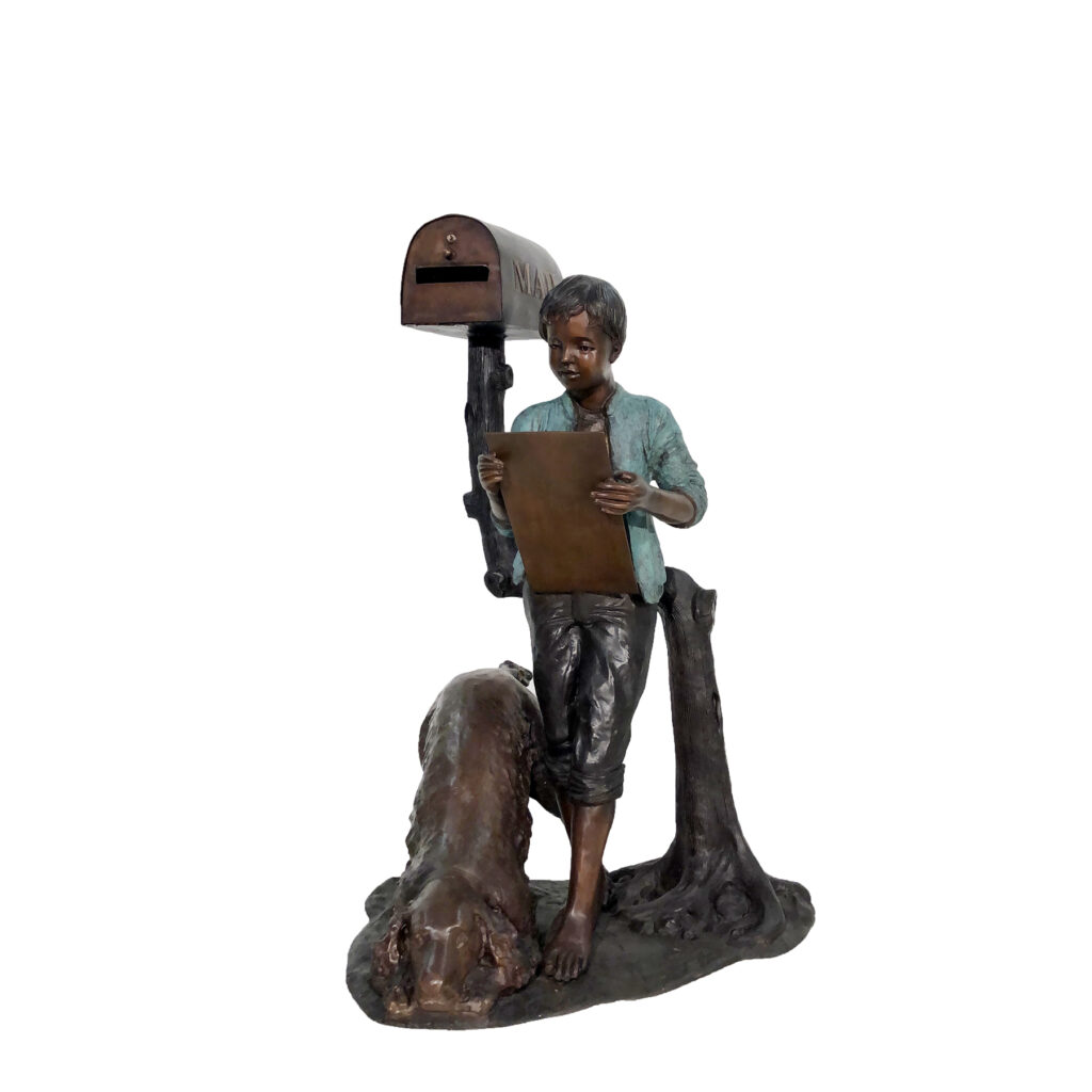 Bronze Boy Reading with Dog Mailbox Sculpture - Florida Bronze Statues ...
