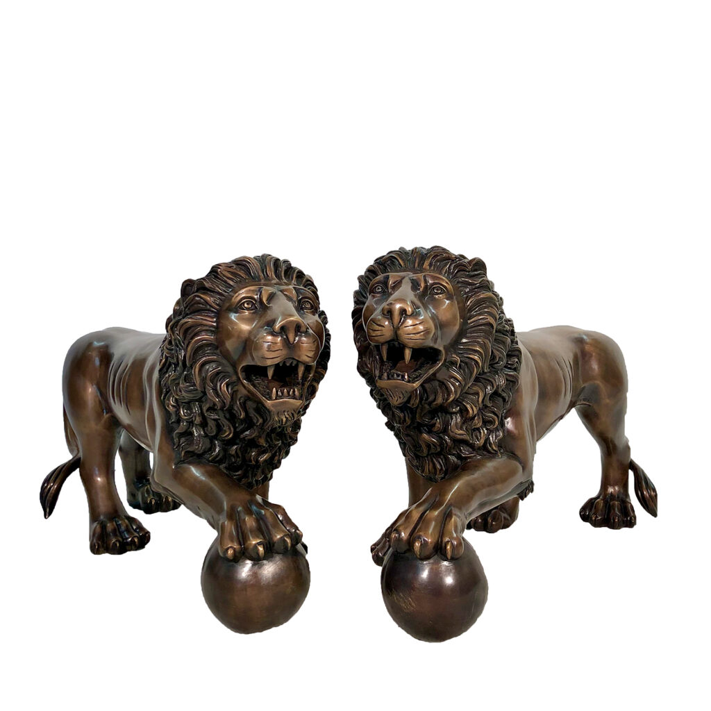 Bronze Standing Lion with Ball Sculpture Pair - Florida Bronze Statues ...